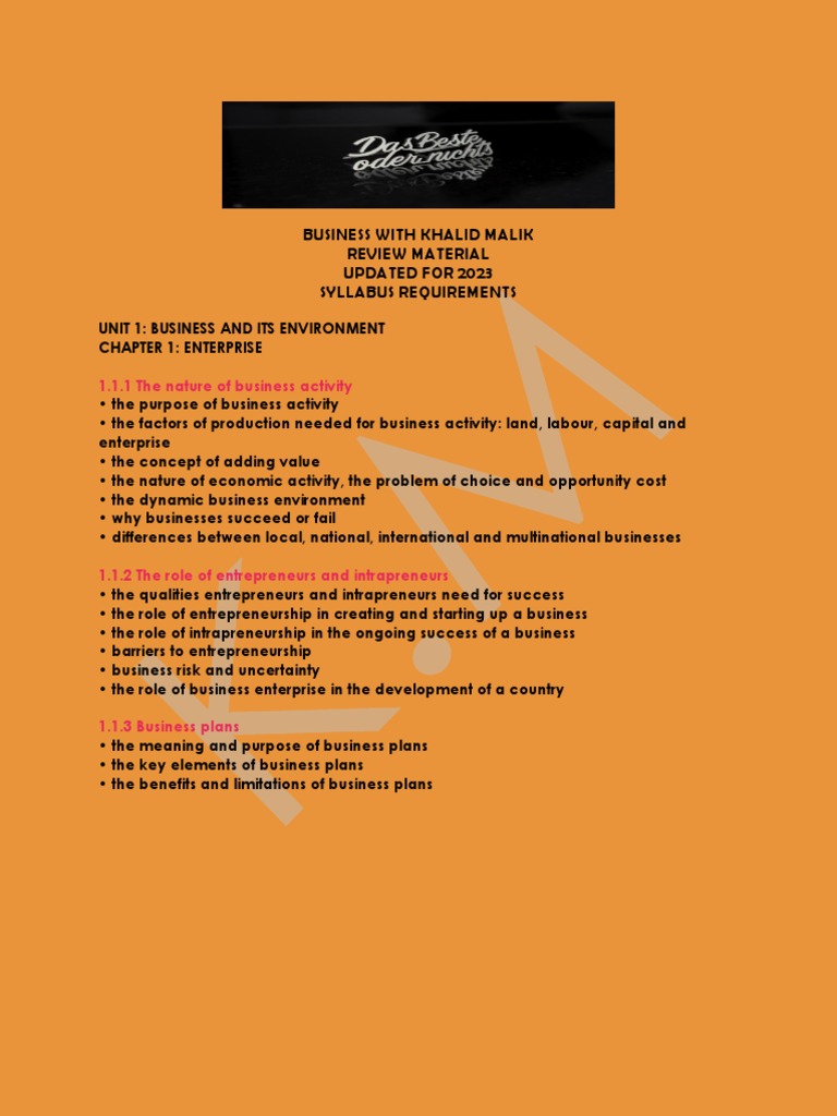 Business 9609 AS Chapter 1 Notes PDF For 2023 | PDF | Entrepreneurship ...