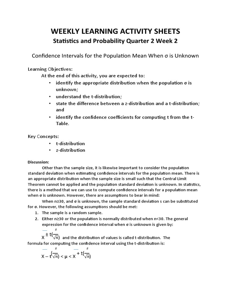 Weekly Learning Activity Sheets 3 | PDF | Confidence Interval ...