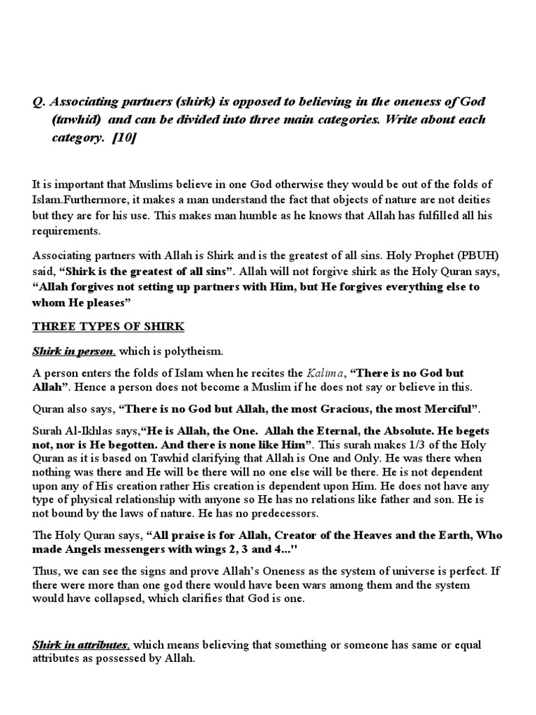 Types of Shirk Question | PDF | God In Islam | Tawhid