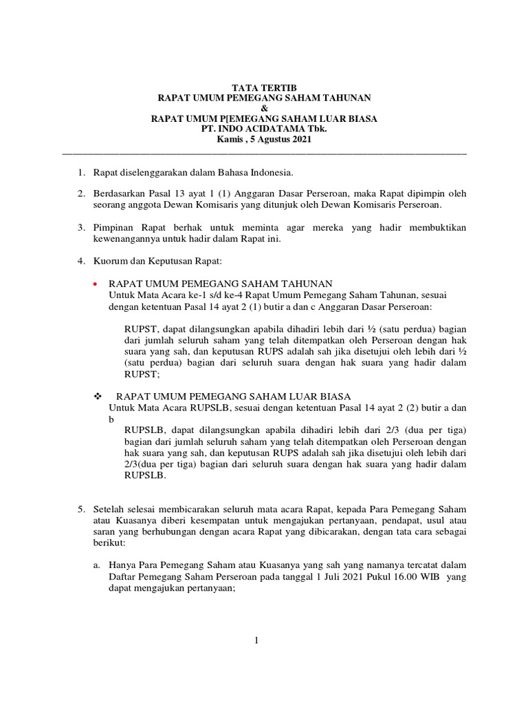 TATATERTIB RUPS PT Indo Acidatama | PDF
