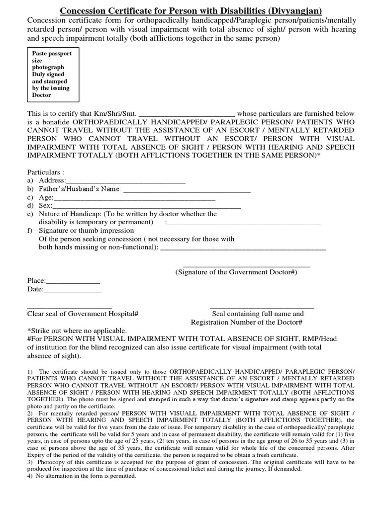 Divyangjan Concession Certificate Form | PDF | Disability | Government ...