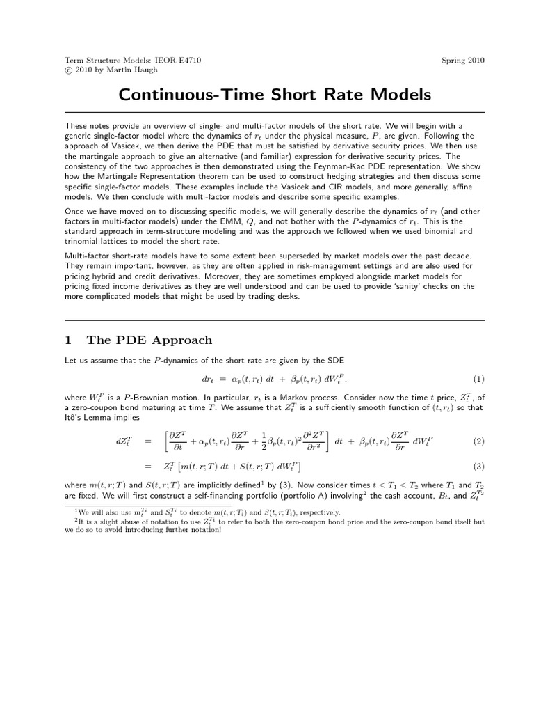 Countinuous Short Rate Models | Download Free PDF | Option (Finance ...