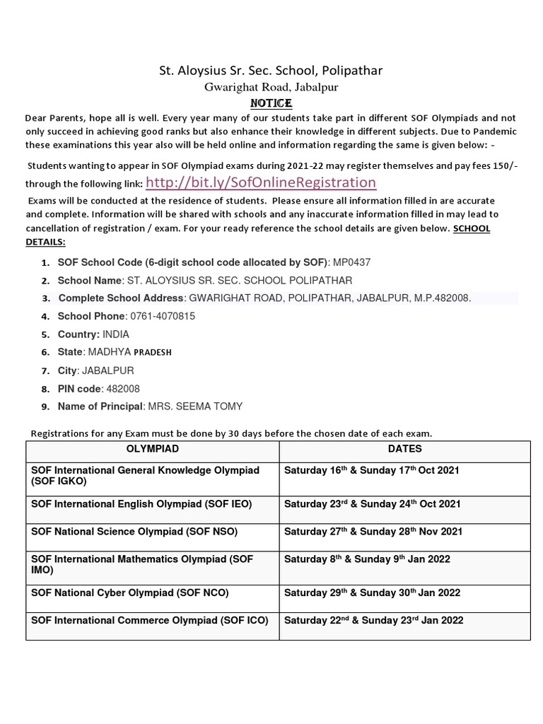 Notice Regarding Online Registration for SOF Olympiads 2021-22 | PDF