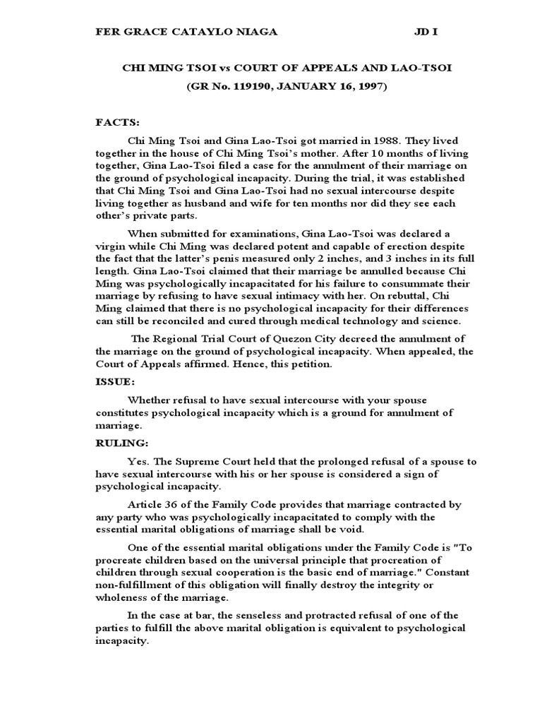 Chi Ming Tsoi Vs Gina Lao Tsoi | PDF | Marriage | Annulment