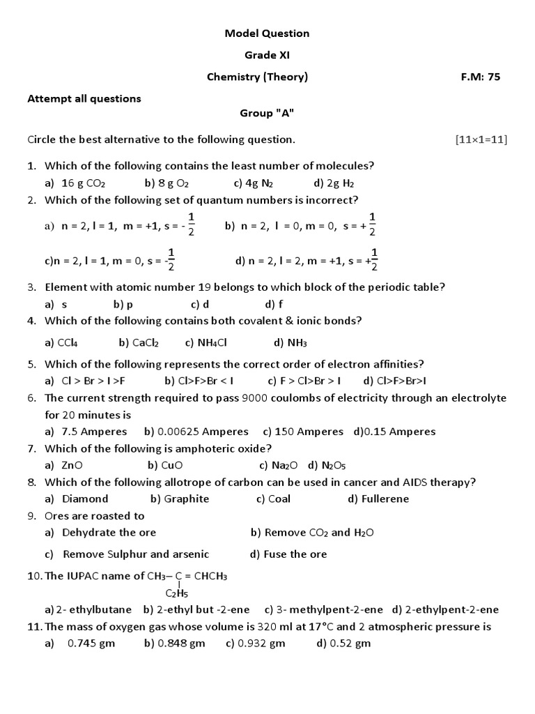 Model Questions For Class 11 Chemistry | PDF | Chemical Bond | Sodium ...