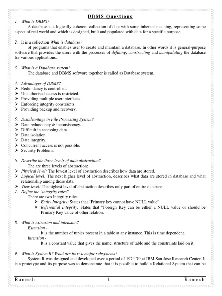 DBMS Questions: Ramesh 1 Ramesh | PDF | Databases | Relational Database