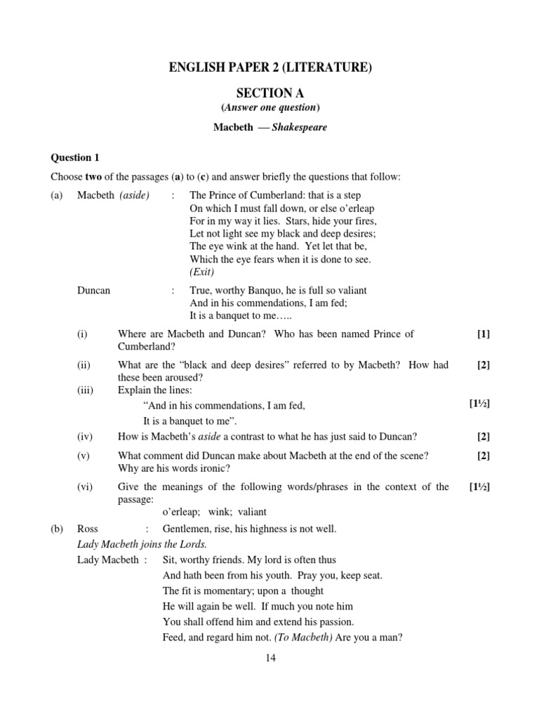 English Paper 2 (Literature) Section A: (Answer One Question) Macbeth ...