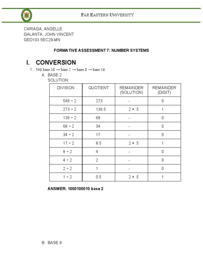 I. Conversion: Formative Assessment 7: Number Systems | PDF | Encodings ...