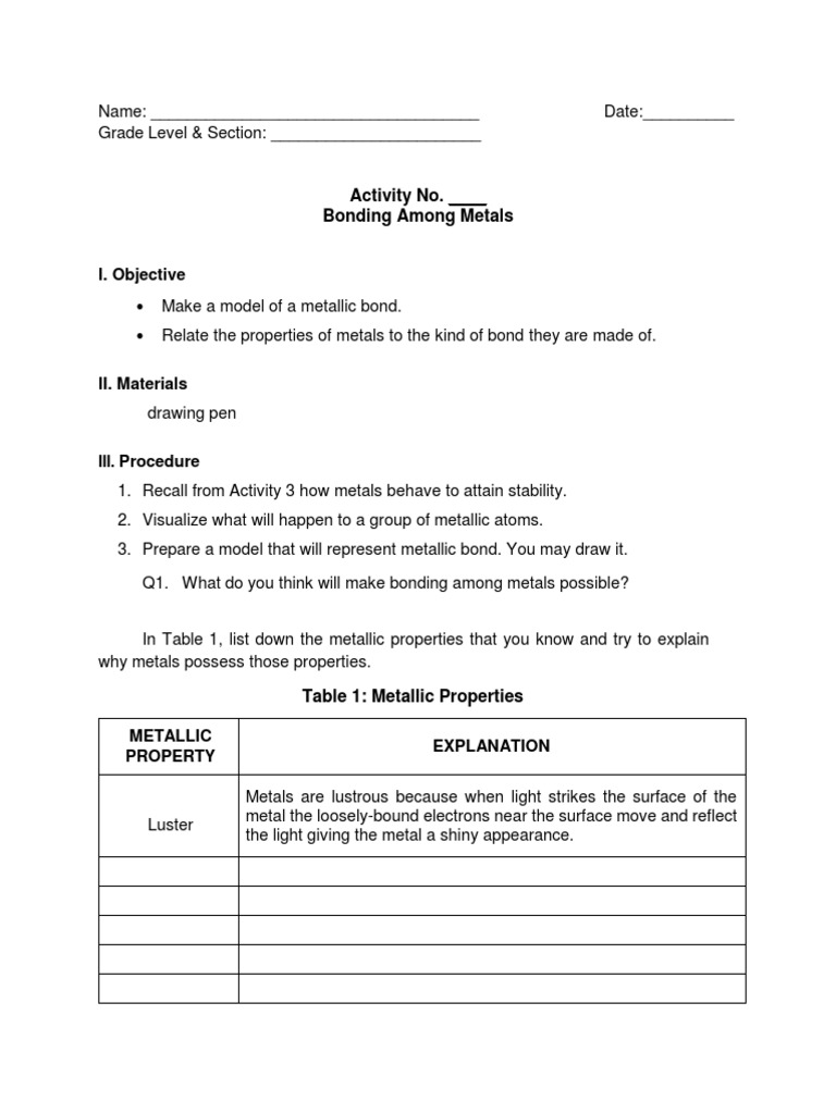 Activity Worksheet On Metallic Bonding | PDF