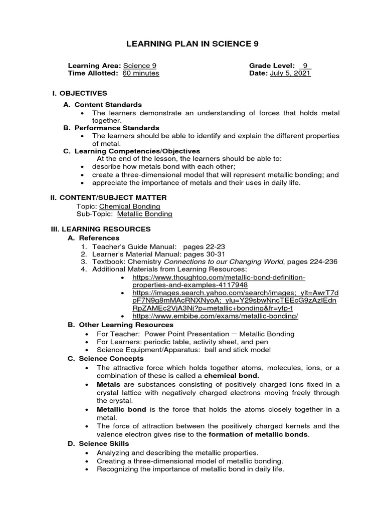 Learning Plan For Metallic Bonding | PDF | Chemical Bond | Ion