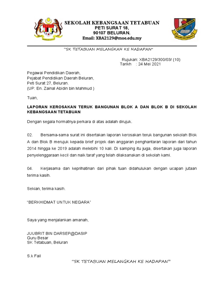 Surat Laporan Kerosakan Bangunan Sekolah Terkini | PDF Surat Laporan Kerosakan Bangunan Sekolah Terkini | PDF