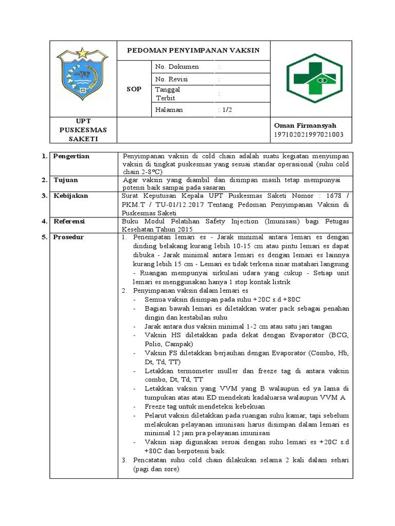 SOP PENYIMPANAN Vaksin | PDF
