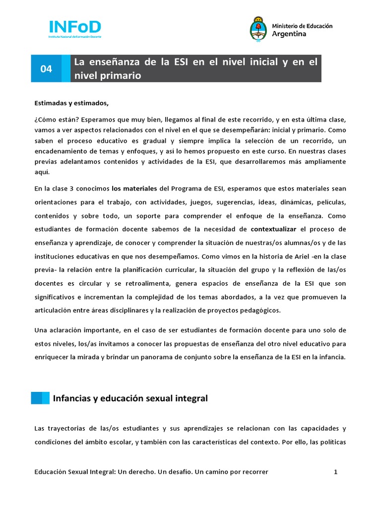 ESI en Educación Inicial y Primaria | PDF | Educación sexual | Plan de ...