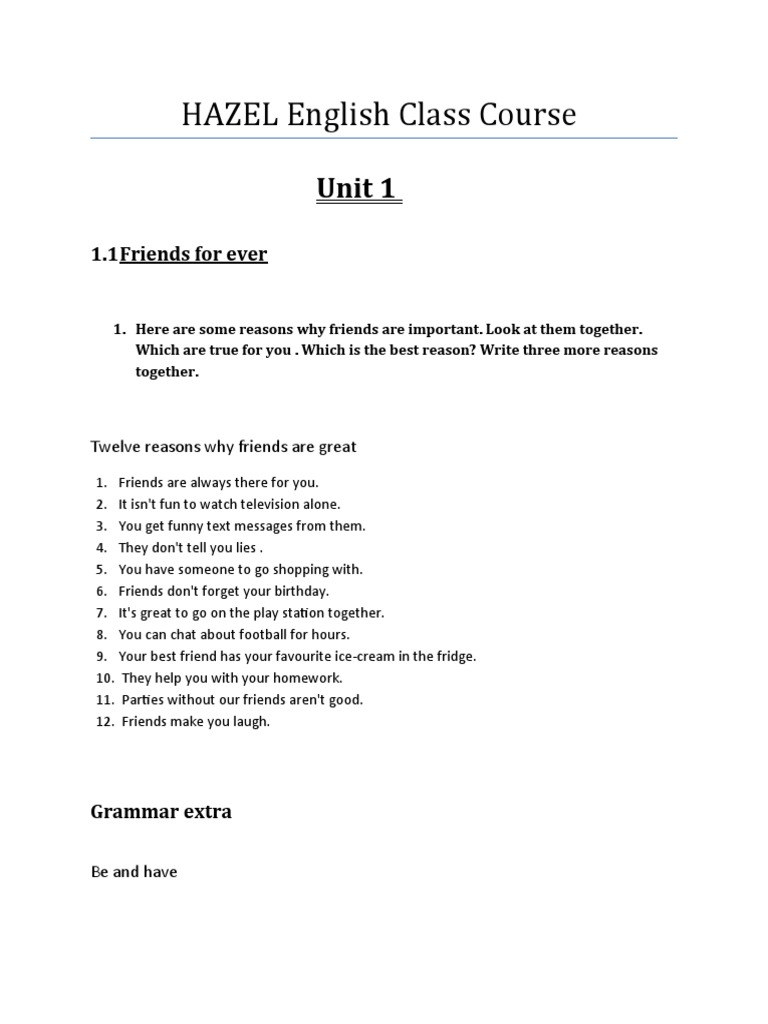 HAZEL English Class Course: Unit 1 | PDF