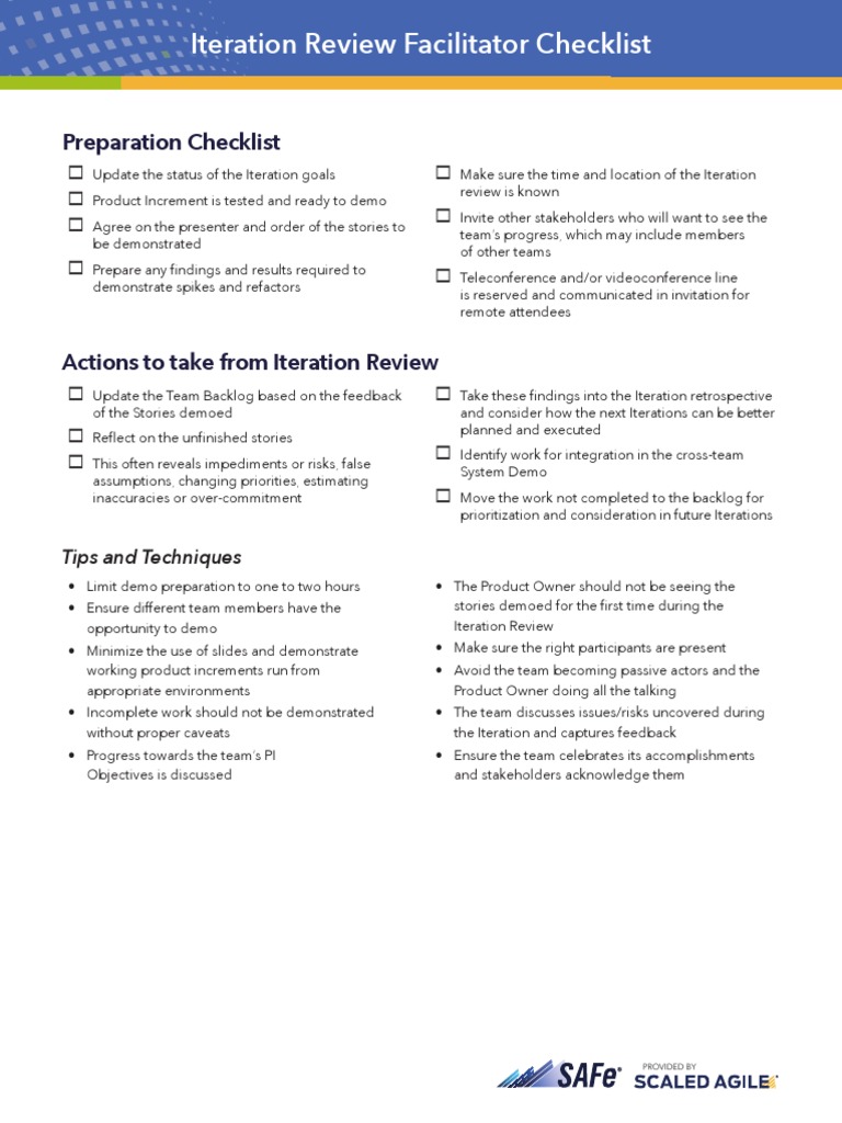 Iteration Review Facilitator Checklist | PDF | Scrum (Software Development)