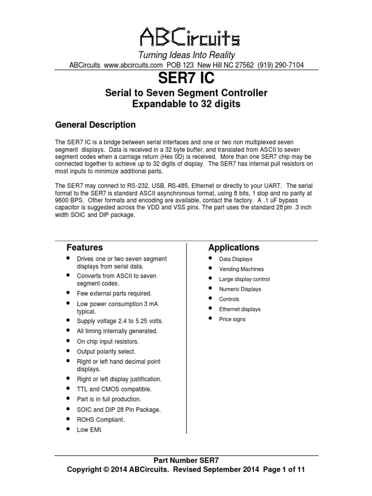 Ser7 Ic: Serial To Seven Segment Controller Expandable To 32 Digits ...
