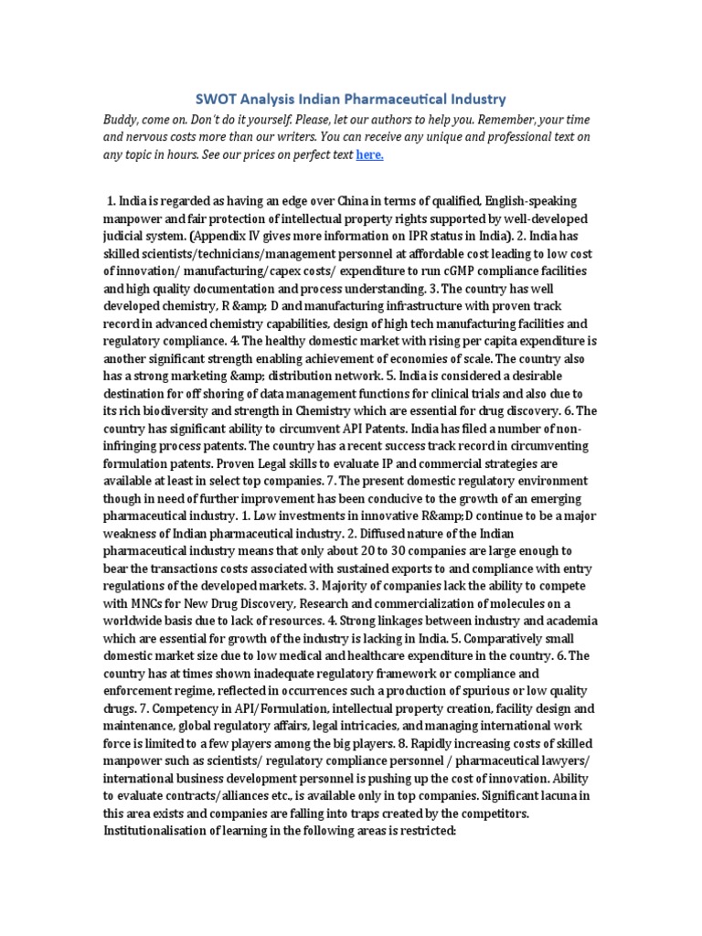 SWOT Analysis of Indian Pharma Industry | PDF | Generic Drug | Patent