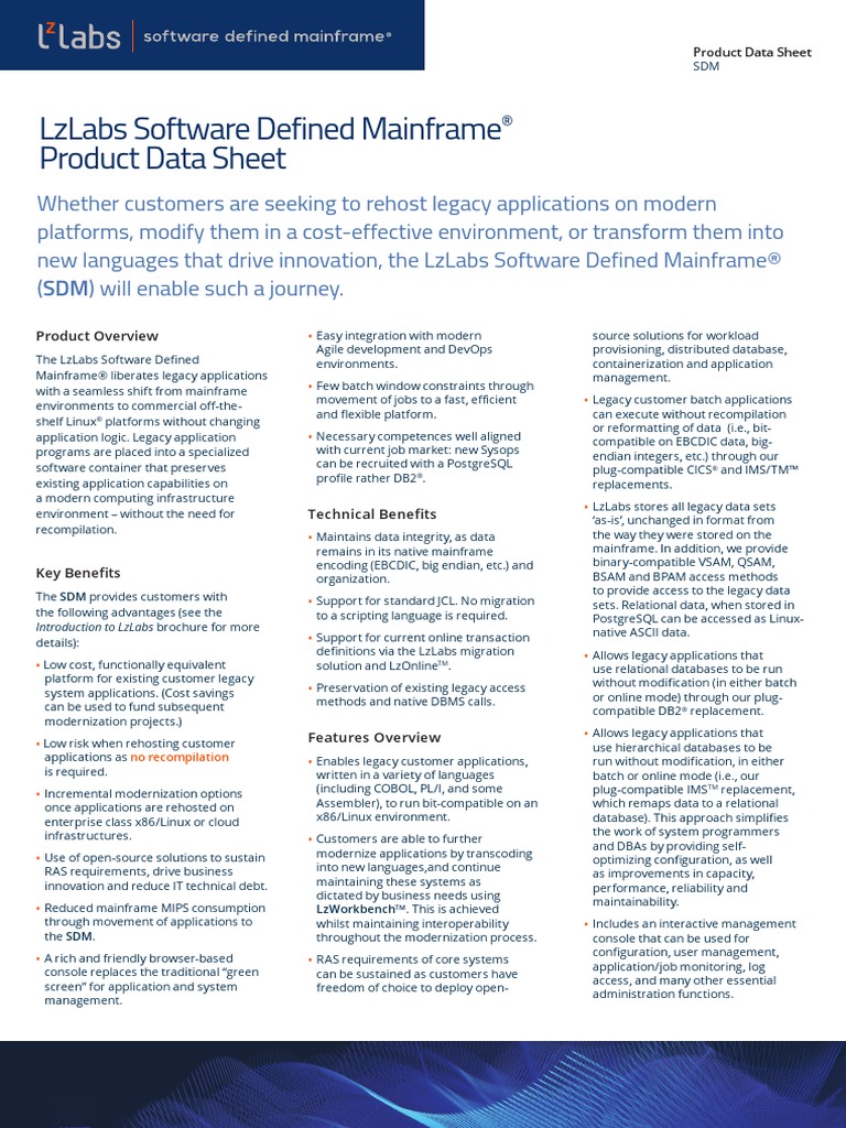 Lzlabs Software Defined Mainframe Product Data Sheet | PDF | Databases ...