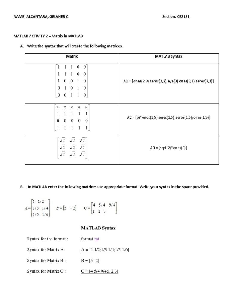 ALCANTARA 1912451 SimulationActivity2.1 MatrixInMATLAB | PDF | Matrix (Mathematics) | Matlab