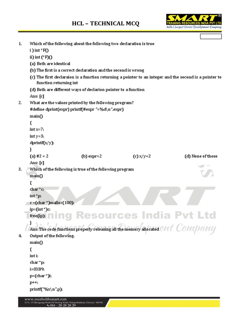 HCL Technical MCQ - 239 Questions | PDF | Pointer (Computer Programming ...
