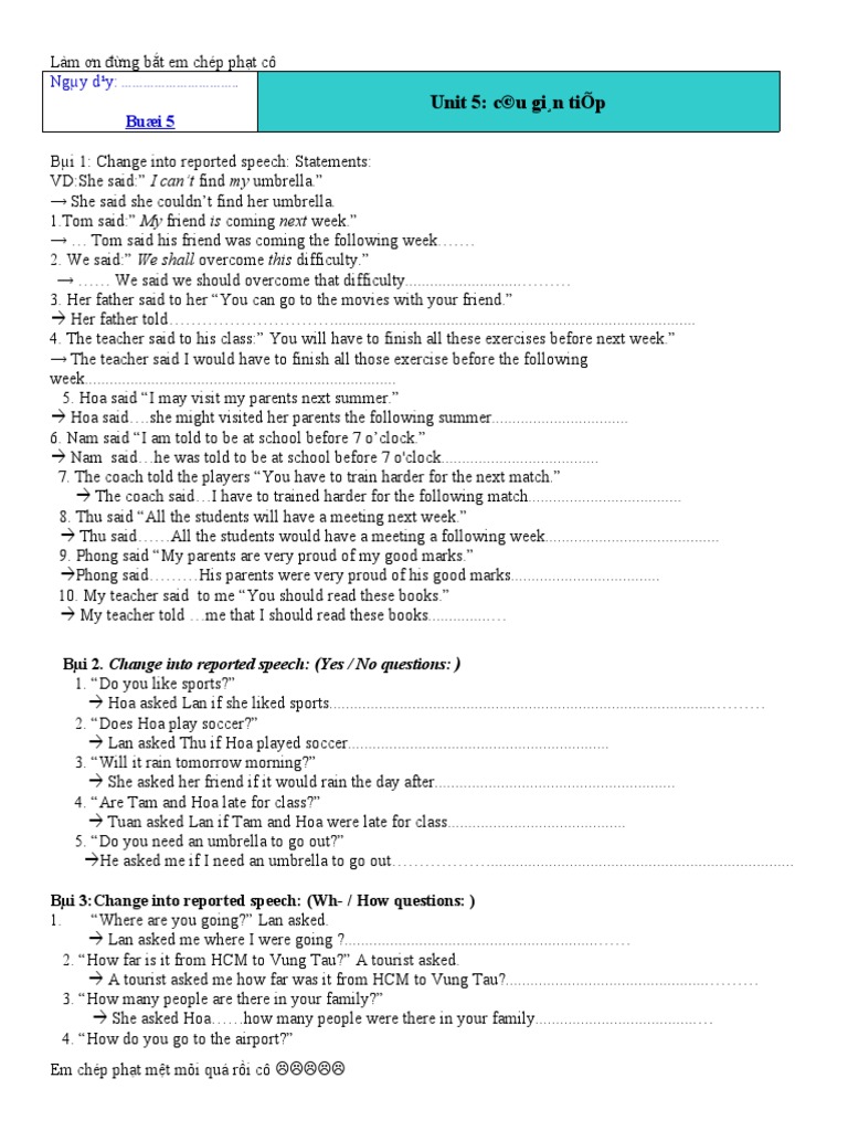 Unit 5: C©U Gi N Tiõp: NG y D Y | PDF