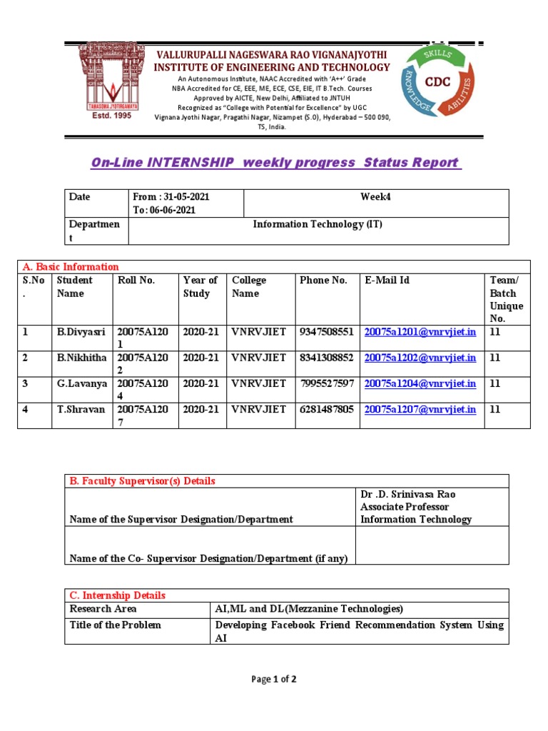 On-Line INTERNSHIP Weekly Progress Status Report: Institute of ...