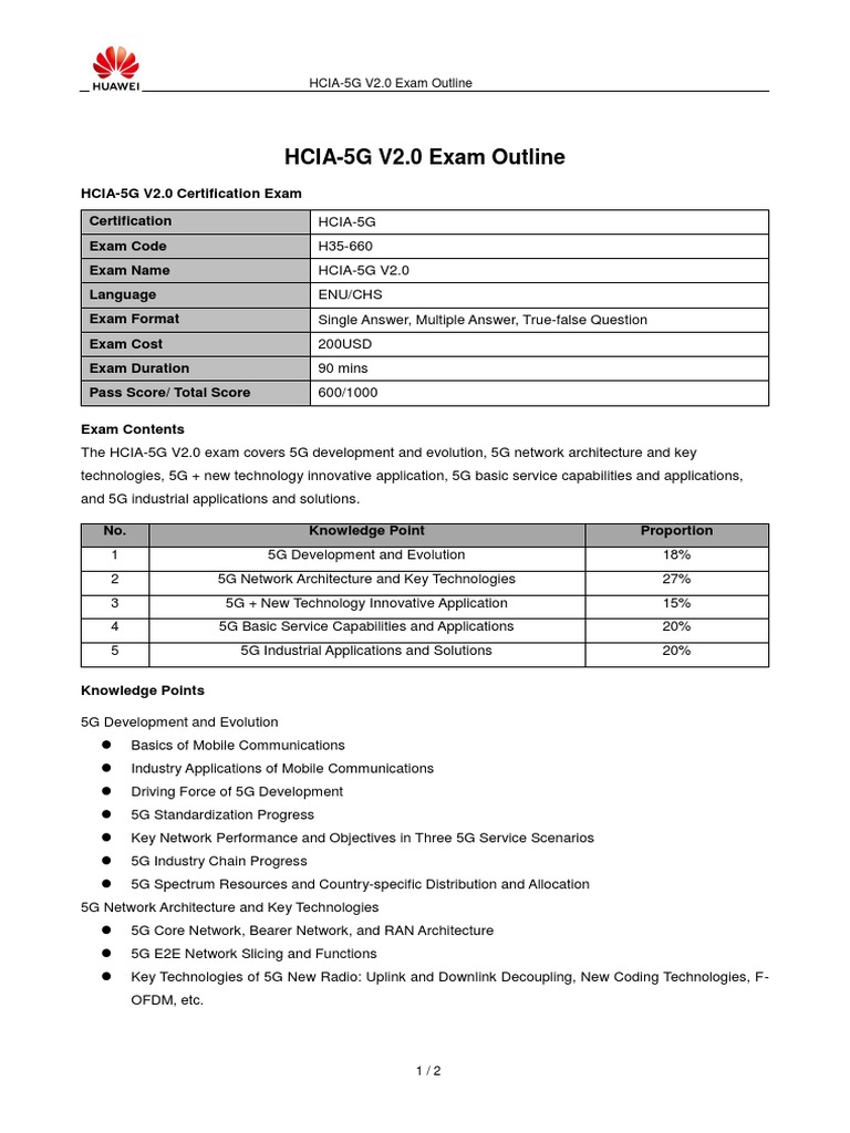 HCIA-5G V2.0 Exam Outline | PDF | Internet Of Things | Data Transmission