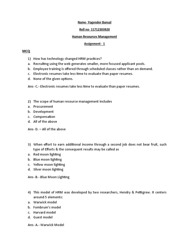 HRM Assignment-1 - Yogender | PDF | Human Resource Management | Employment