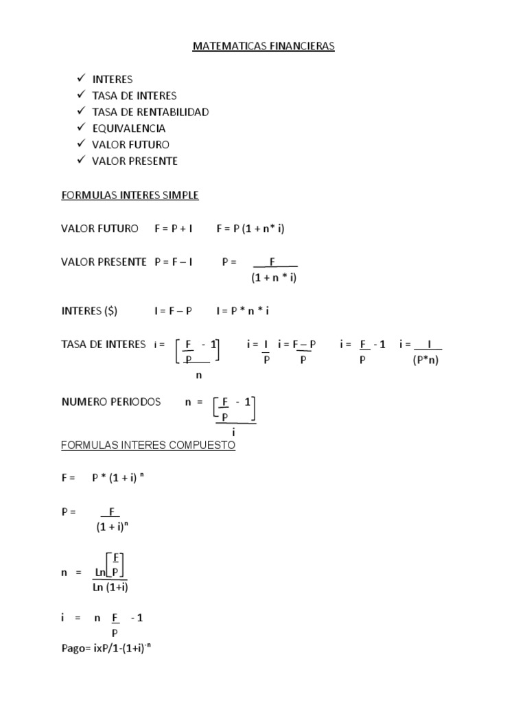 Formulas Basicas Matematica Financiera | PDF