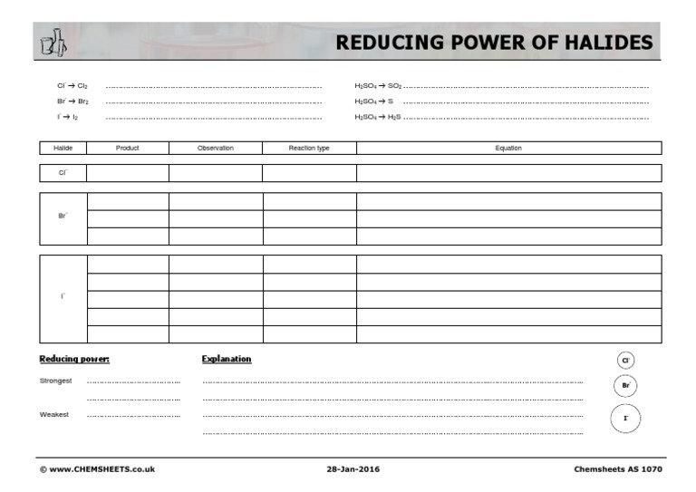 Chemsheets AS 1070 Reducing Power of Halides | PDF