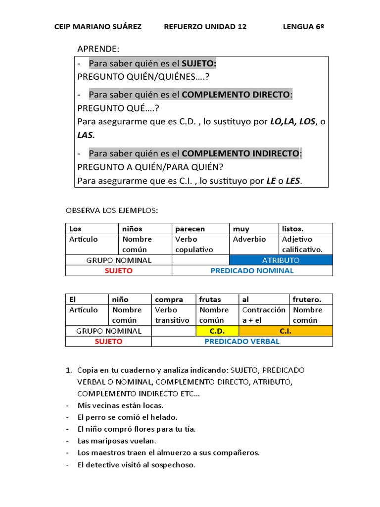 Complemento Directo e Indirecto Ejercicios de Gramatica - 51267 | PDF ...