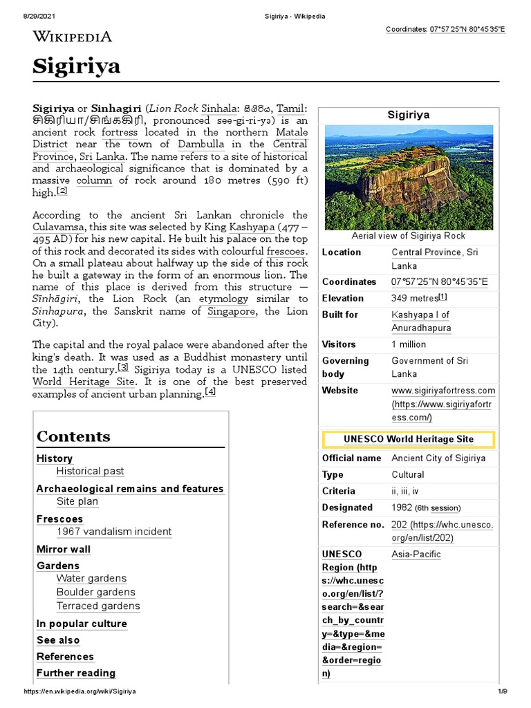 Sigiriya: Sigiriya or Sinhagiri (Lion Rock Sinhala | PDF