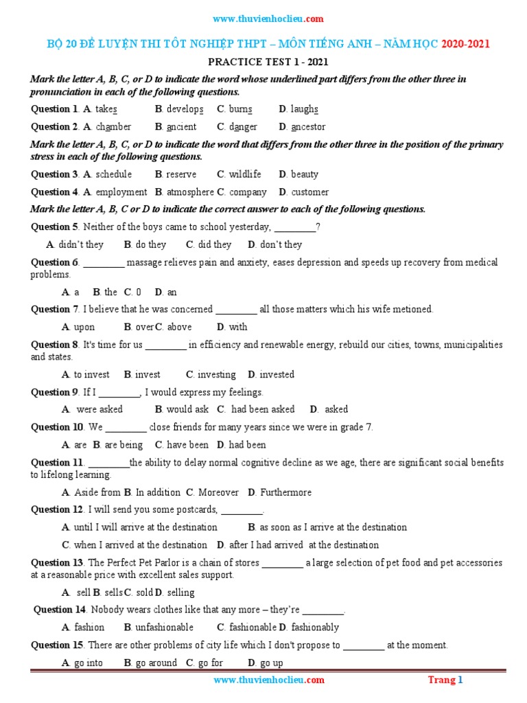 Practice Test 1 - 2021: A Practice English Exam for High School ...