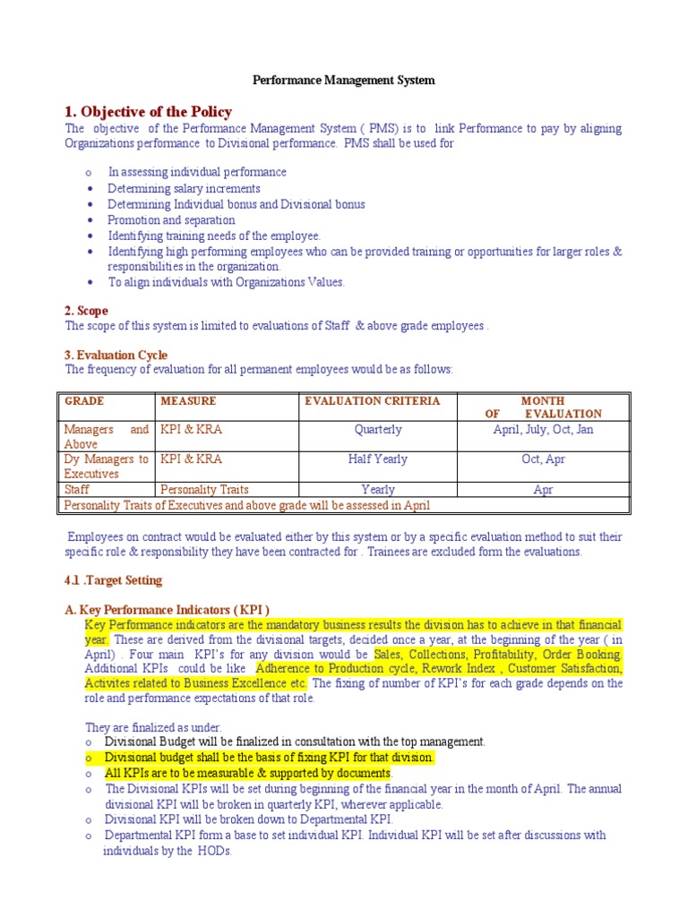 Objective of The Policy: Performance Management System | PDF ...
