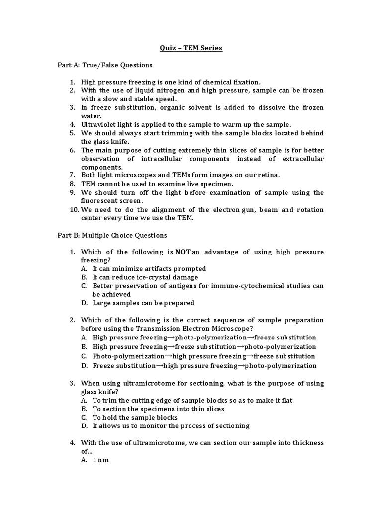 Quiz TEM | PDF | Transmission Electron Microscopy | Microscope