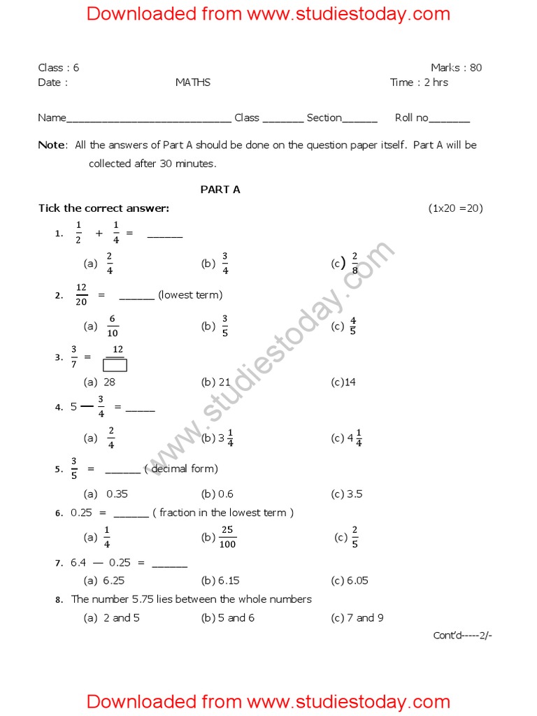 Class 6 Maths Exam Paper | PDF | Triangle | Angle