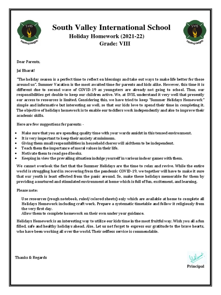 Grade 8 Holiday Homework Guidelines | PDF | Homework