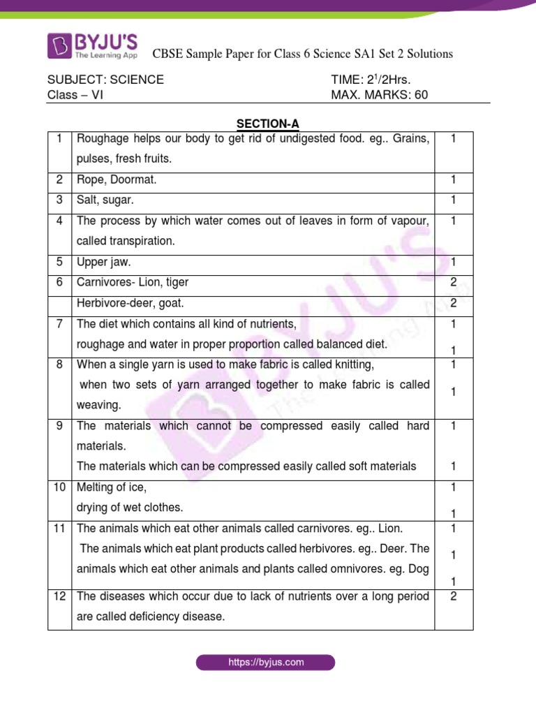 CBSE Sample Paper For Class 6 Science SA1 Set 2 Solutions | PDF ...