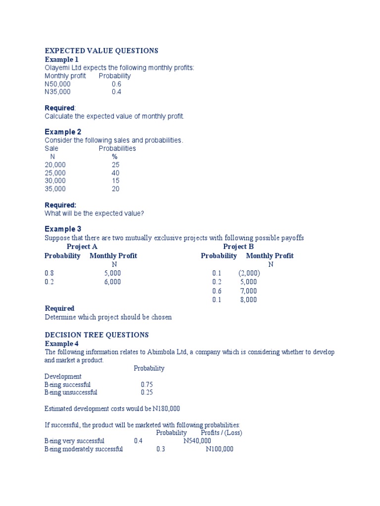 Expected Value Questions Example 1: Required | Download Free PDF ...