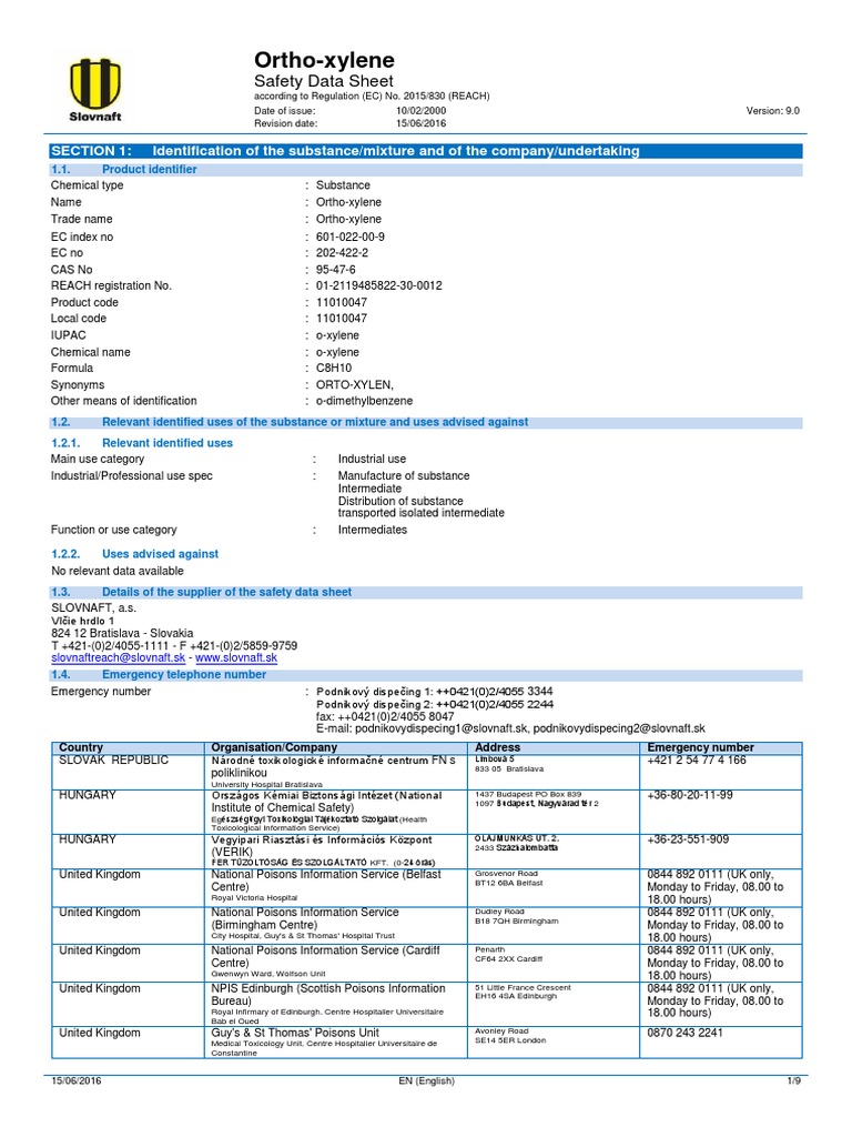 Ortho-Xylene: Safety Data Sheet | PDF | Dangerous Goods | Waste