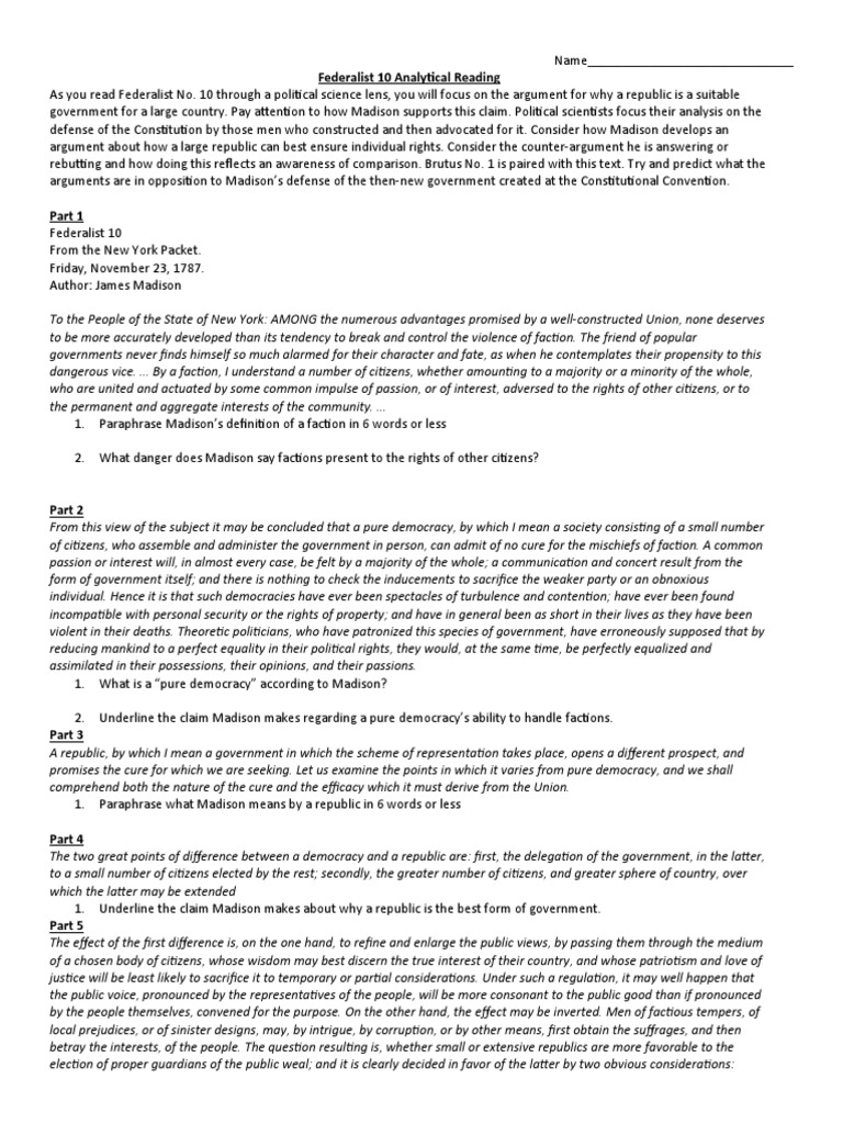 Federalist 10 Brutus 1 Analytical Reading | PDF | James Madison | Democracy