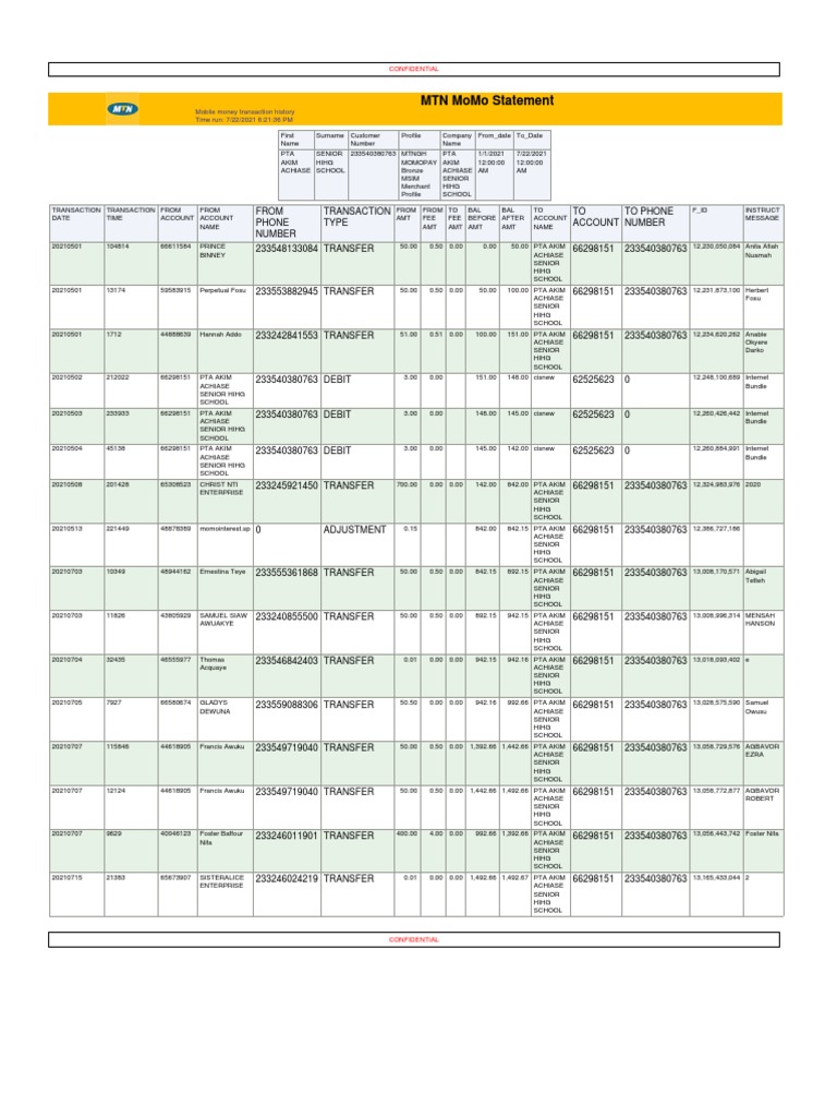 MTN Momo Statement: Mobile Money Transaction History Time Run: 7/22 ...