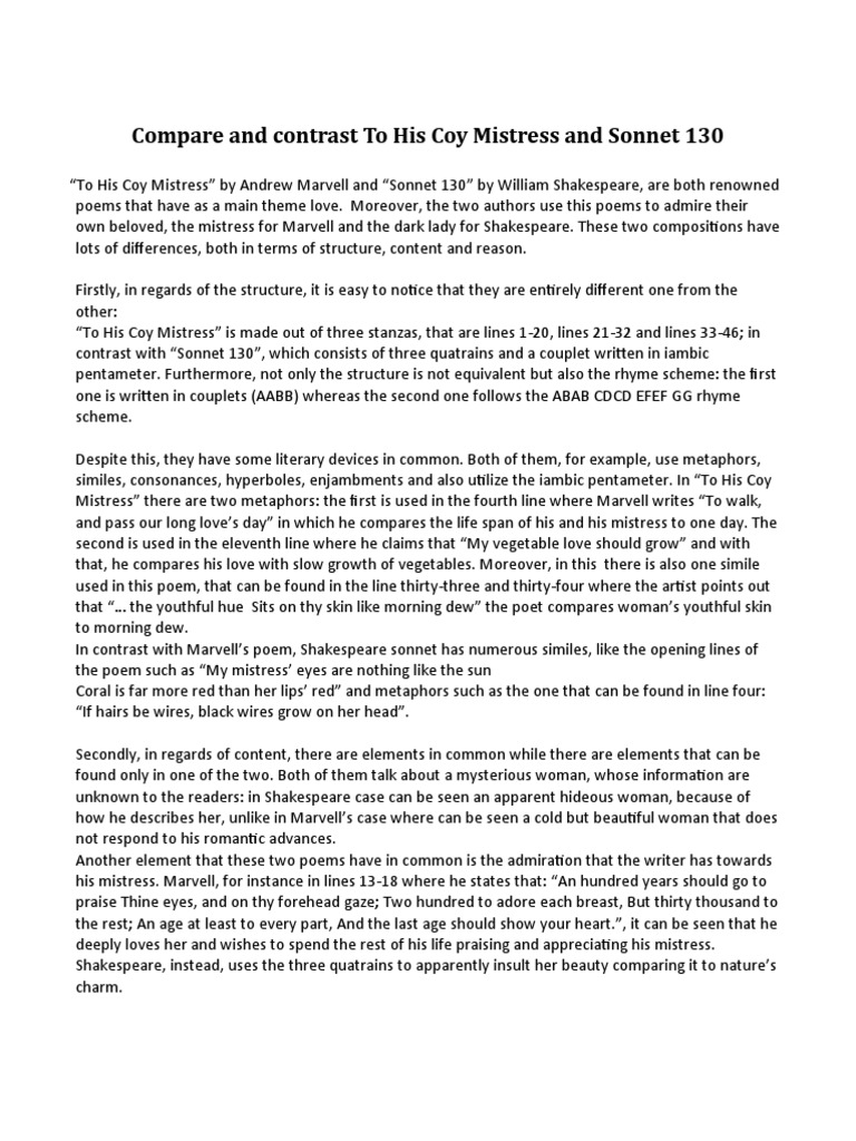 Compare and Contrast To His Coy Mistress and Sonnet 130 | PDF | Poetry ...