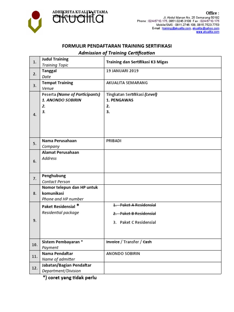 Form Pendaftaran Peserta Training AKUALITA 2019 | PDF