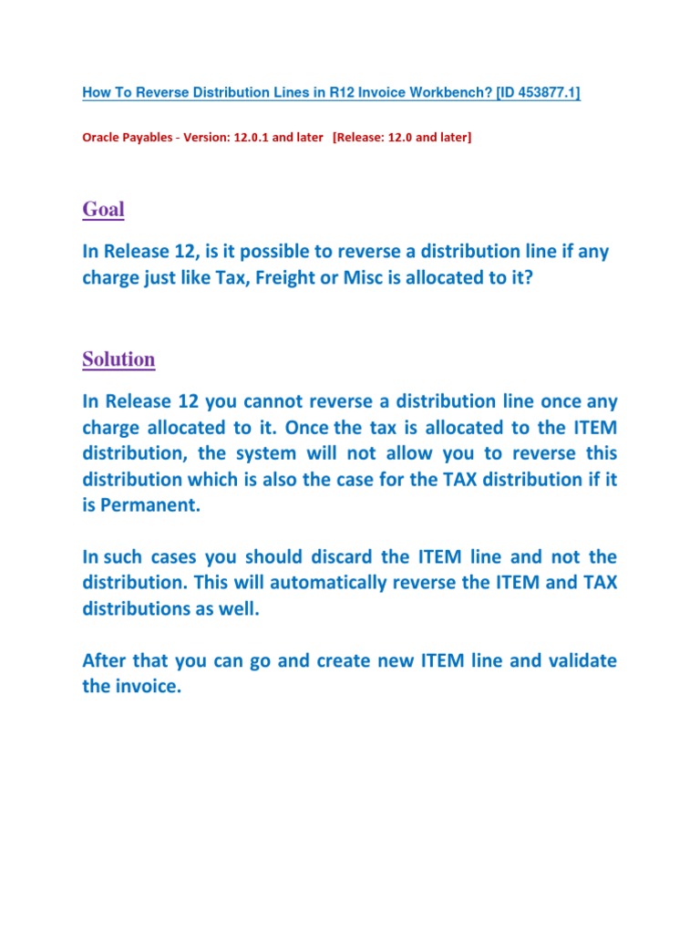 How To Reverse Distribution Lines in R12 Invoice Workbench | PDF