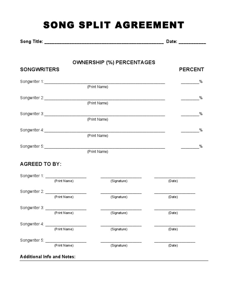 Song Split Agreement: Ownership (%) Percentages Songwriters Percent | PDF
