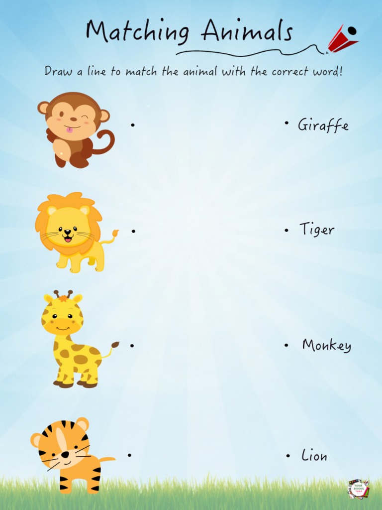 Kindergarten Worksheets - Matching (Wild Animals) | PDF