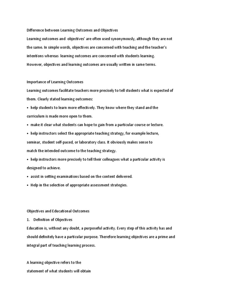Difference Between Learning Outcomes and Objectives | PDF | Educational ...