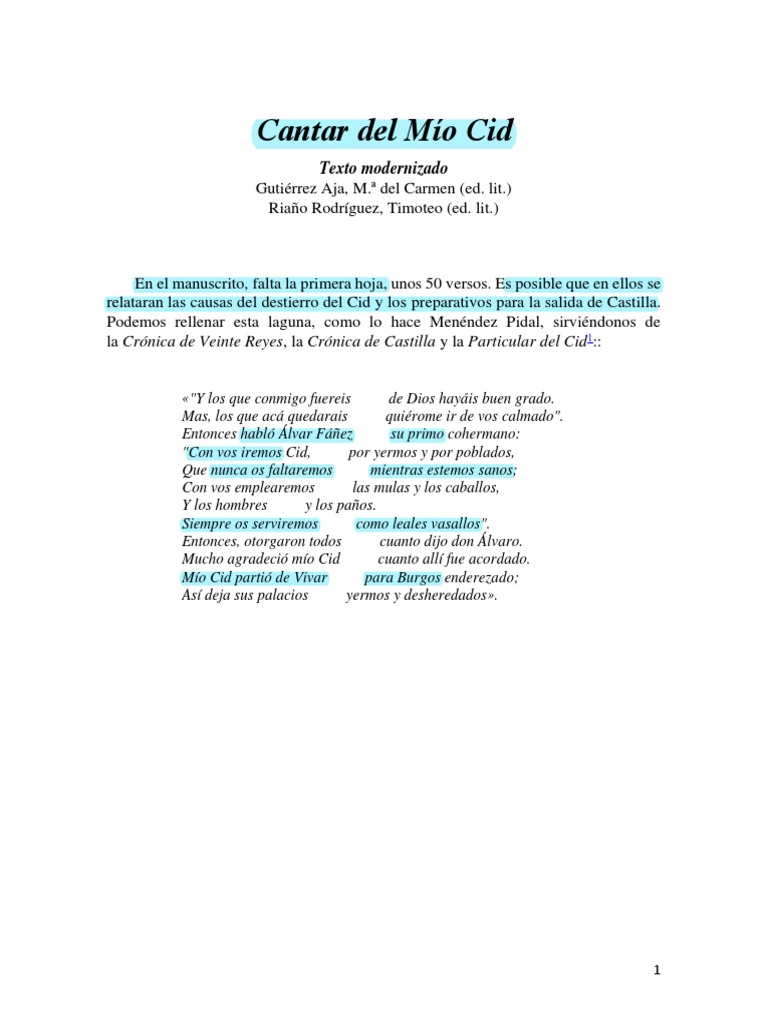 Primer Cantar del Mío Cid: El Destierro | PDF