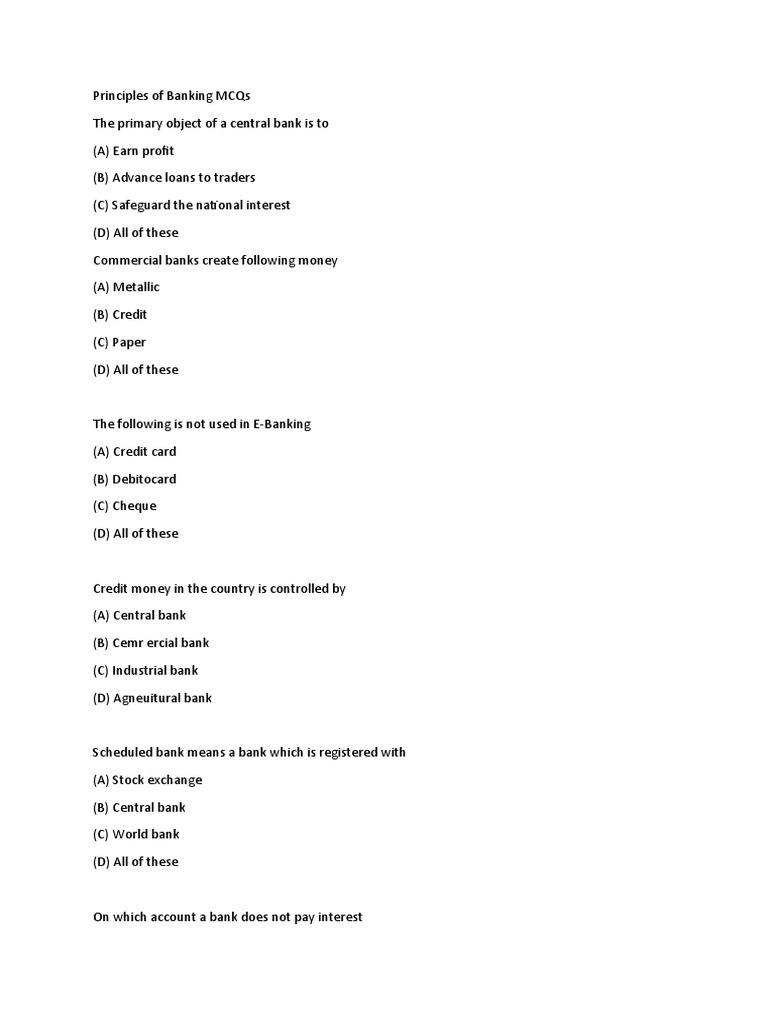 Principles of Banking MCQs | PDF | Banks | Cheque